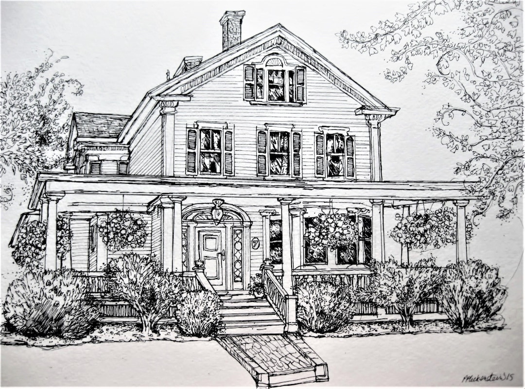 Custom House Portrait Drawing in Pen and Ink From Photo, Hand Drawn ...