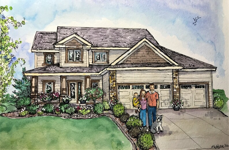 Custom House Portrait , Pen&ink and Watercolor Original Handpainted ...