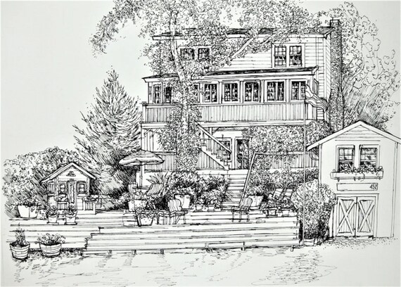 Ink House Drawing Custom Artwork Of Your Home Hand Drawn