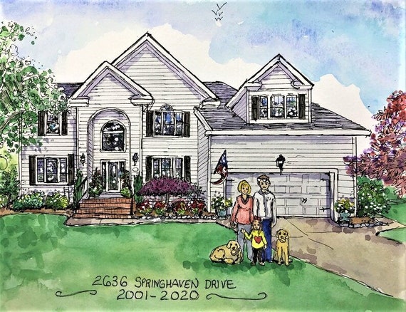 Custom House Portrait Pen&ink and Watercolor Handpainted | Etsy