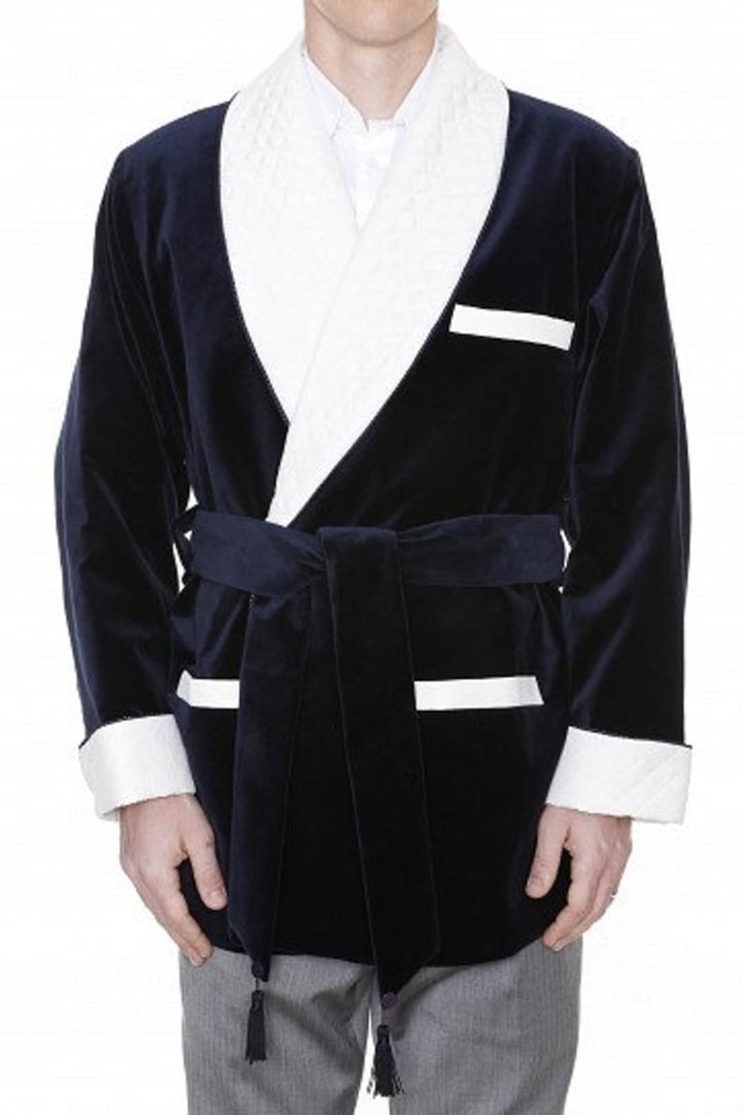 Men's Navy Velvet Quilted Smoking Jacket – Elegant Robe De Chambers ...