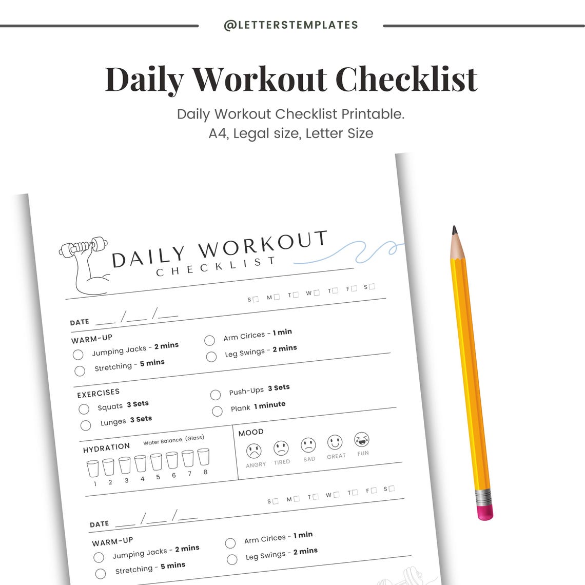 Daily Workout Checklist Printable, Daily Workout Routine Chart, Simple ...