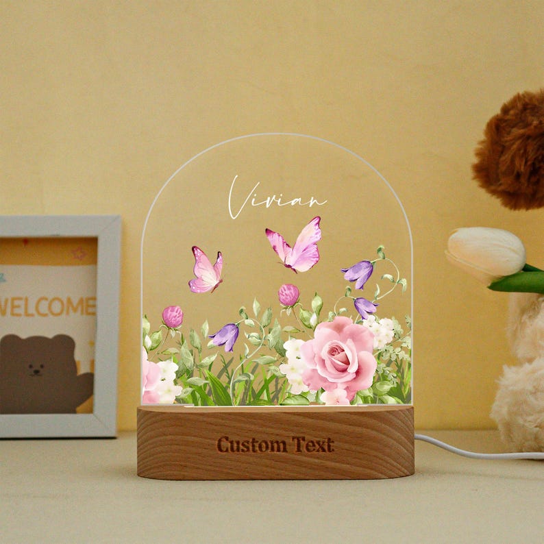 Flower Garden Night Light With Name, Butterfly Floral Custom Night ...