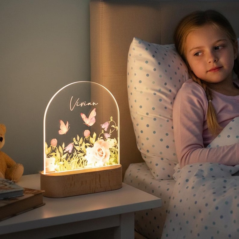Flower Garden Night Light With Name, Butterfly Floral Custom Night ...
