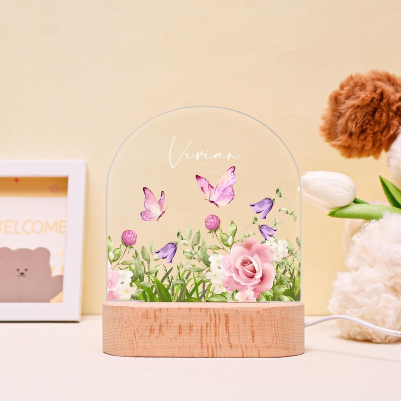 Flower Garden Night Light With Name, Butterfly Floral Custom Night ...