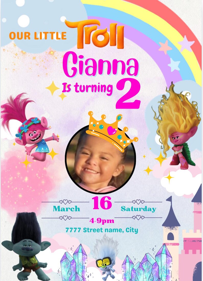 Trolls Birthday Party Invitation, Queen Poppy, Viva, and Branch - Etsy