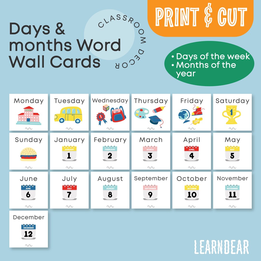 Days and Months – Classroom Décor/word Wall Set (english) - Etsy