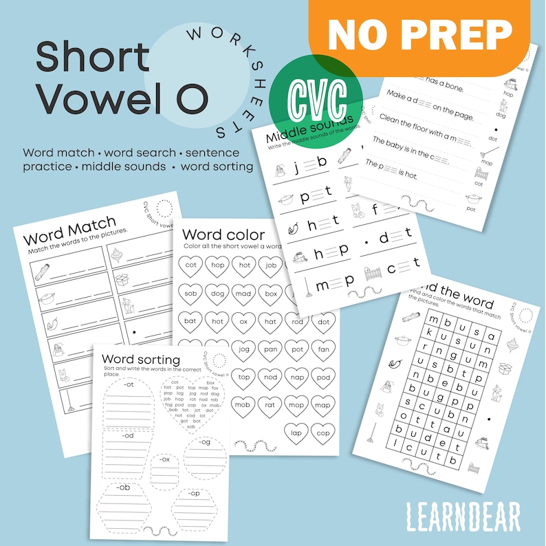 CVC Short Vowel 'o' Worksheets – 6 Printable Phonics Worksheets - Etsy