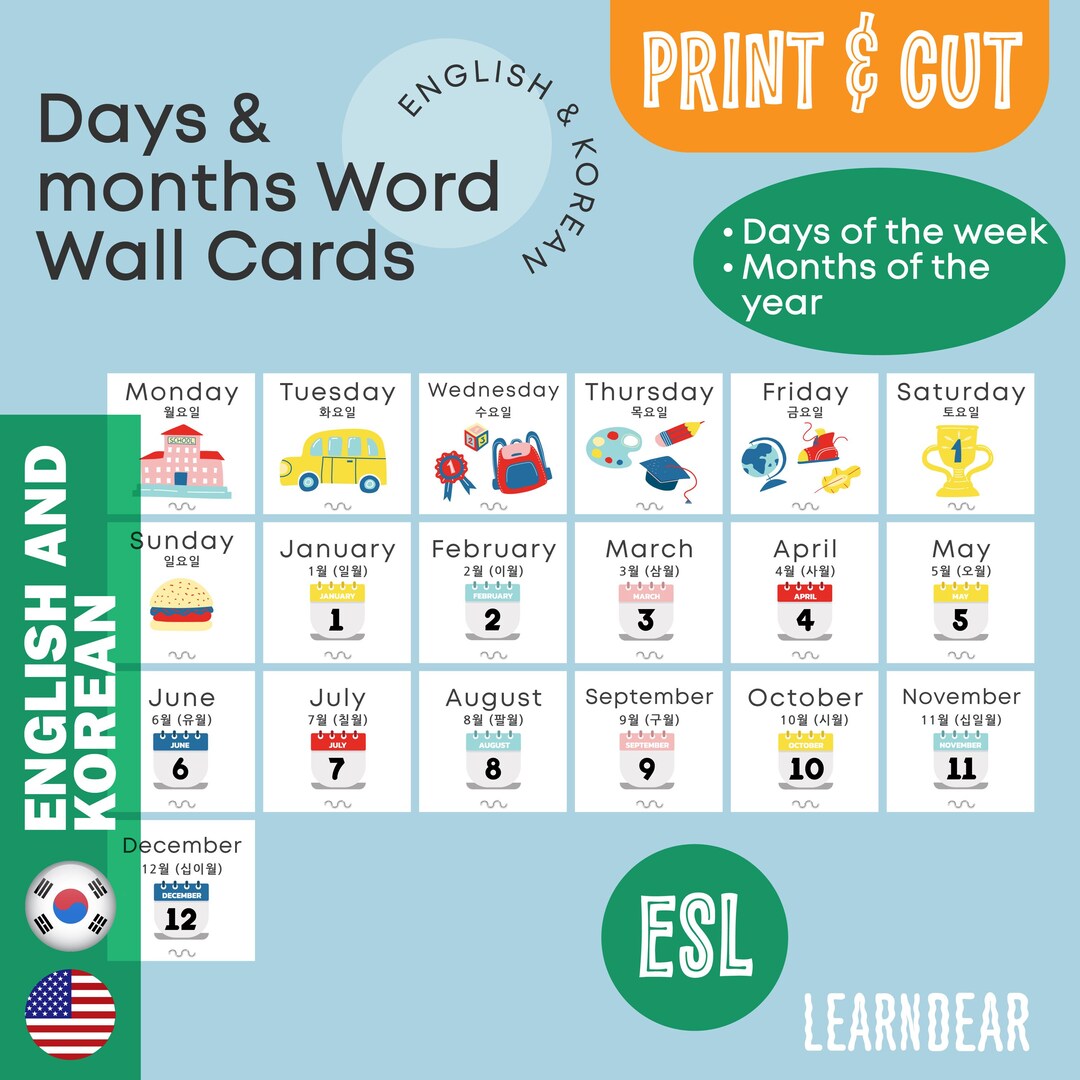 Days and Months – Classroom Décor/word Wall Set (english and Korean) - Etsy