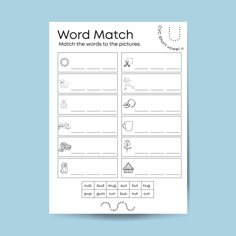 CVC Short Vowel 'u' Worksheets – 6 Printable Phonics Worksheets - Etsy