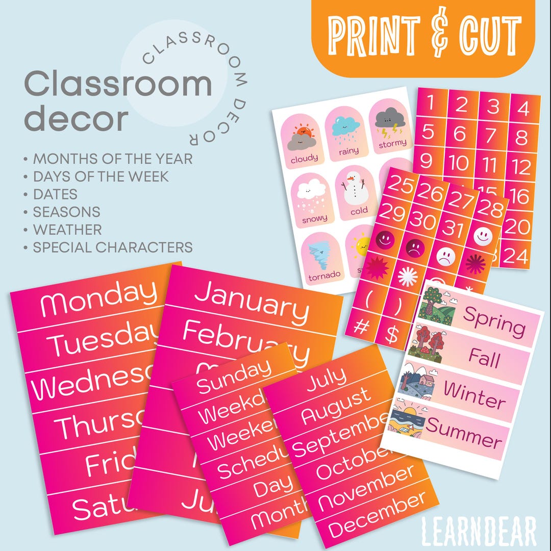 Classroom Decor - Calendar & Weather Set - Pink Sunset Gradient - Etsy