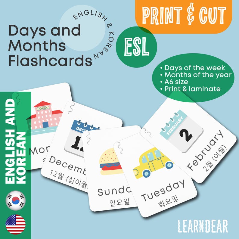 Days of the Week & Months of the Year Flashcards – (english and Korean ...