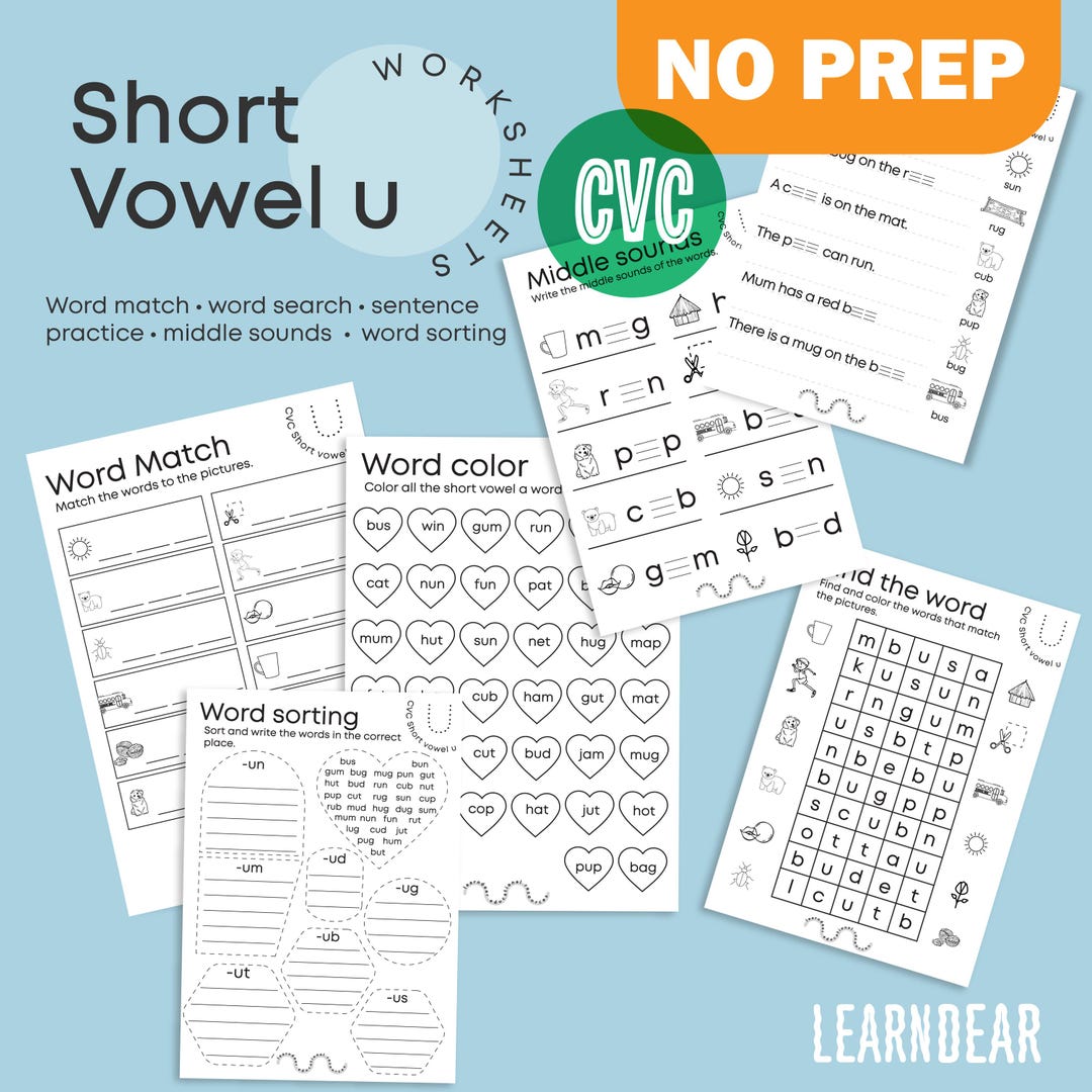CVC Short Vowel 'u' Worksheets – 6 Printable Phonics Worksheets - Etsy