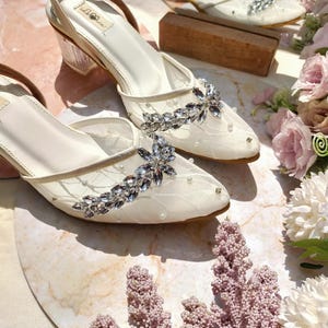 White Bride Shoes Crystal Wedding Shoes Low Block Heels Angkle Strap ...