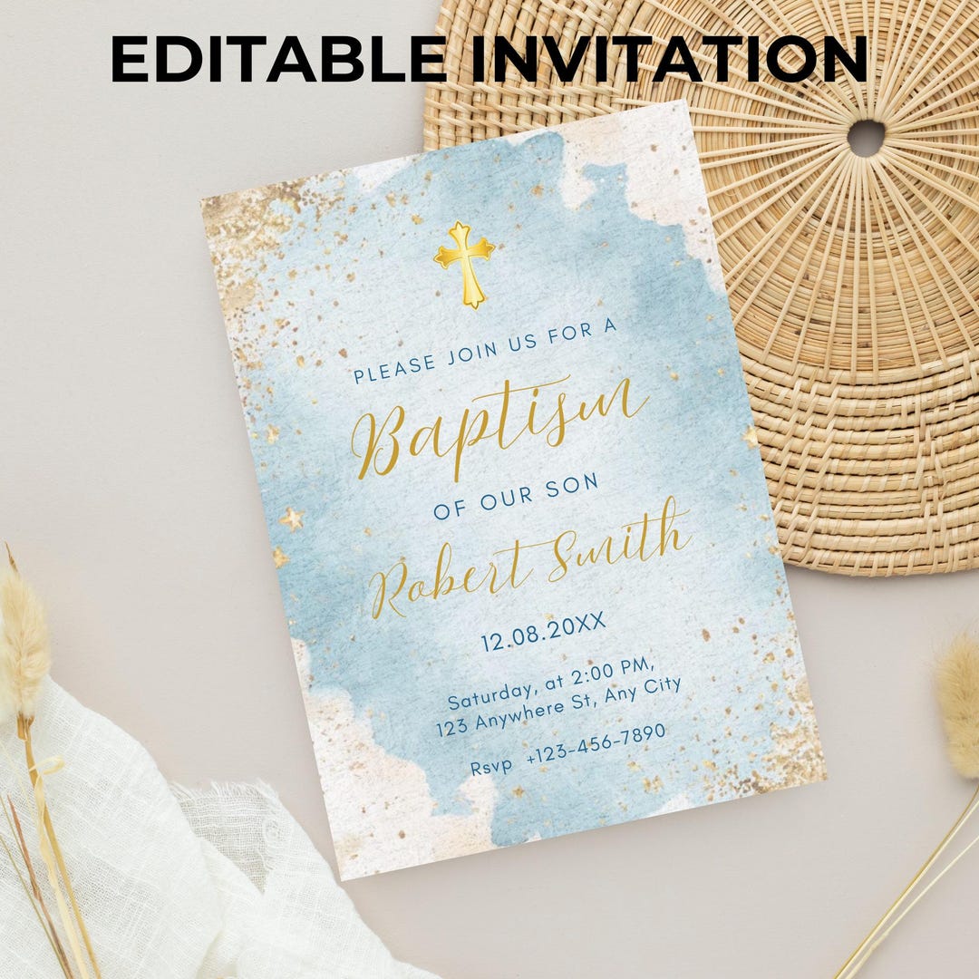 Modern Baptism Invitation Template, Boy Baptism Invitation Phone, Blue ...