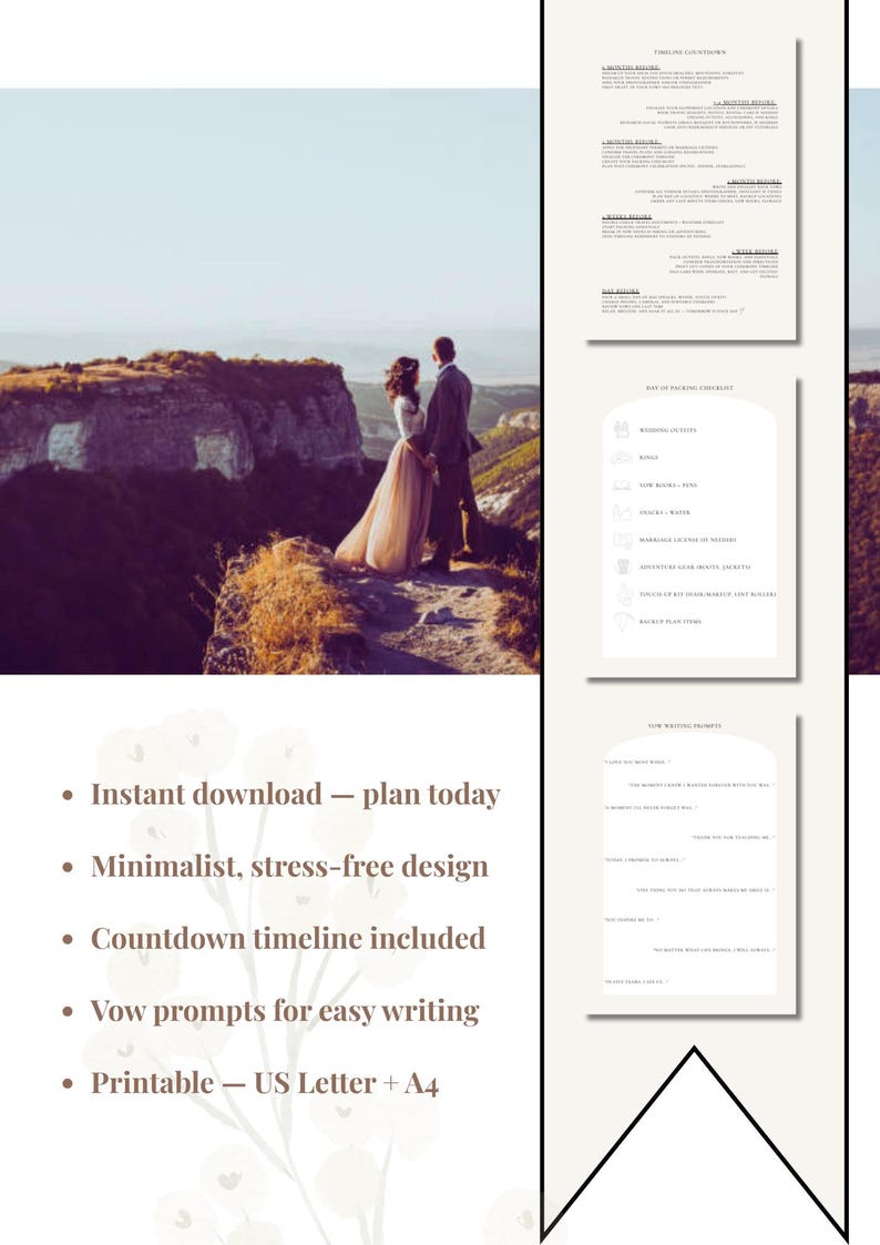 Elopement Planner Printable | No Guests Wedding Organizer | Minimalist ...