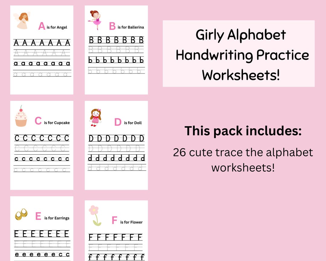 26 Girly Handwriting Practice Printable, Trace the Alphabet Worksheets ...