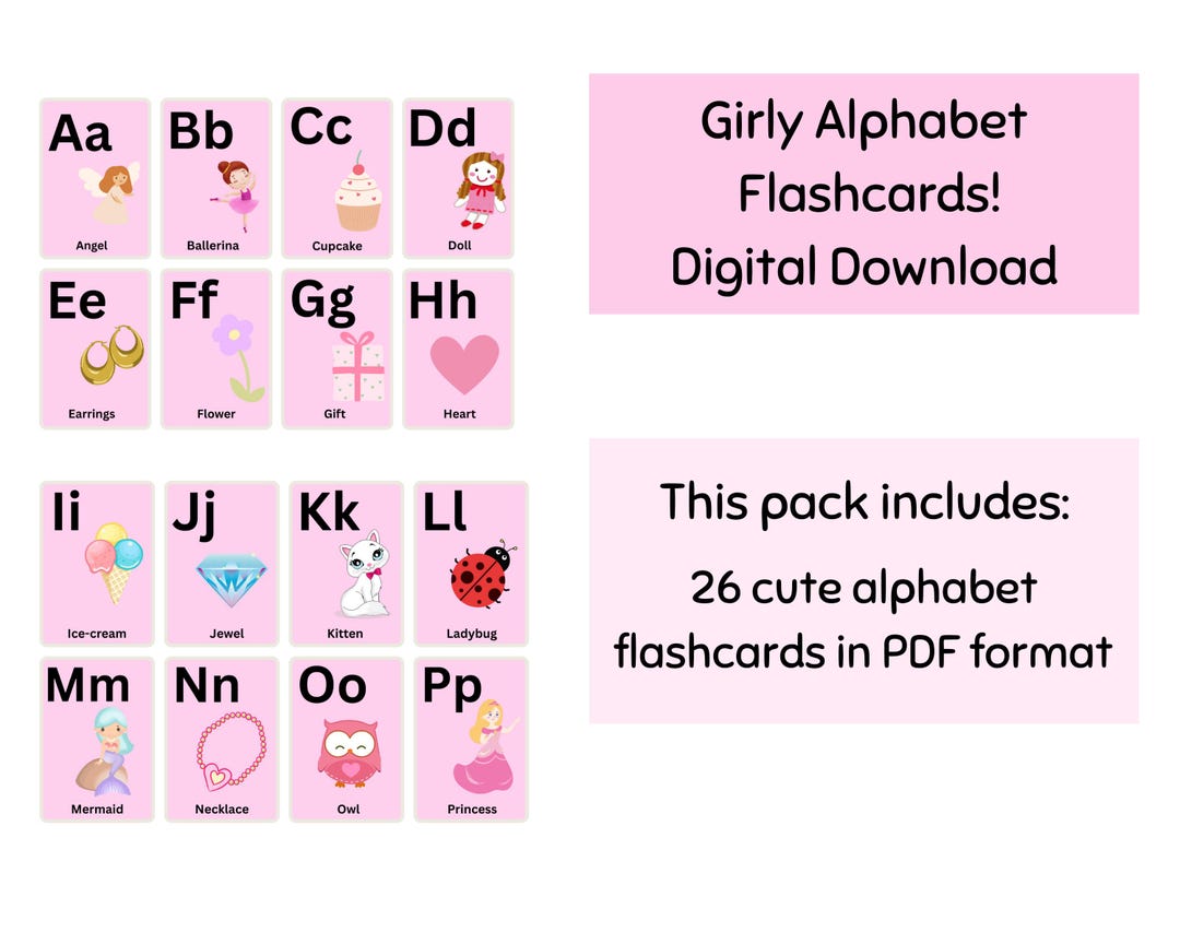 26 Girly Alphabet Flashcards, Printable Pink ABC Flashcards, Homeschool ...