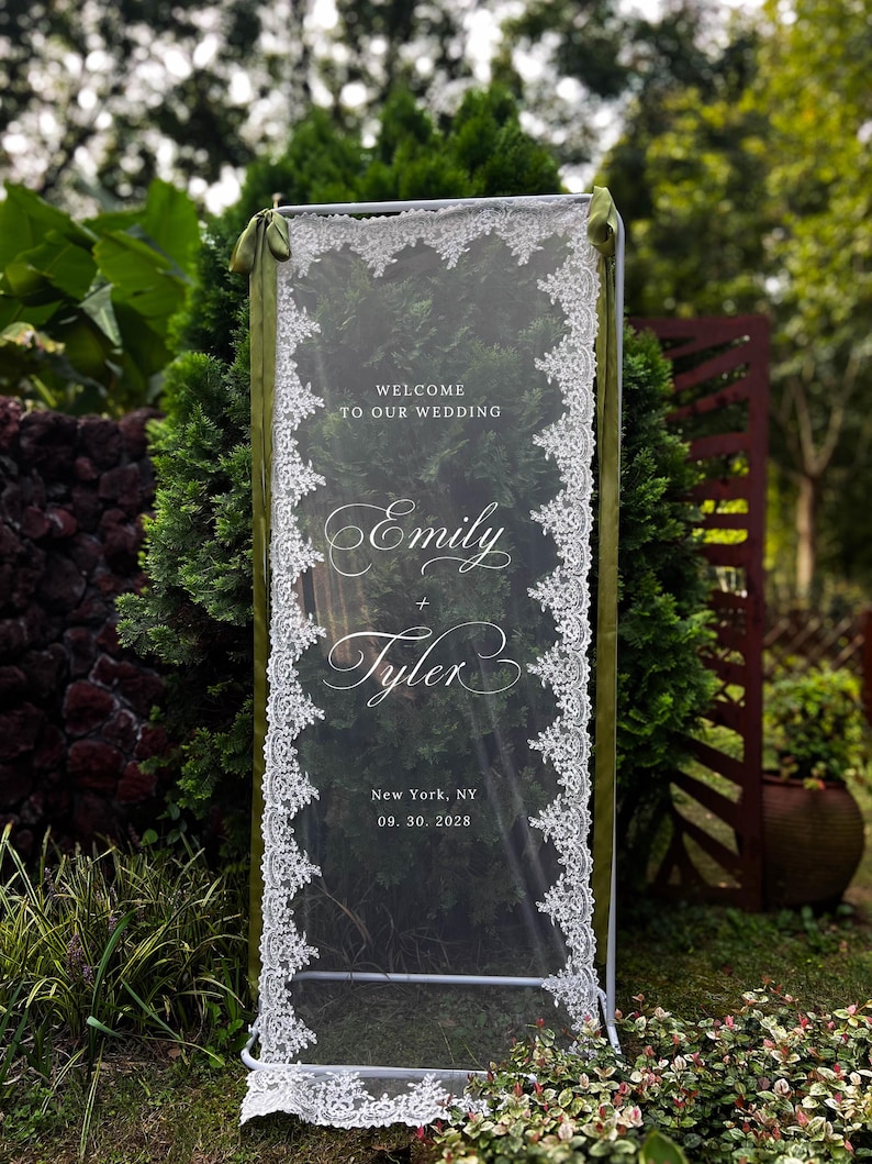 Romantic Lace Welcome to the Wedding Sign: Sheer Tulle Wedding Signage ...