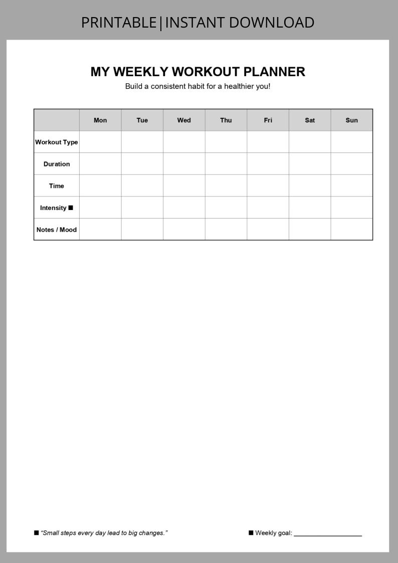 Weekly Workout Planner | Printable & Fillable Fitness Tracker | Instant ...