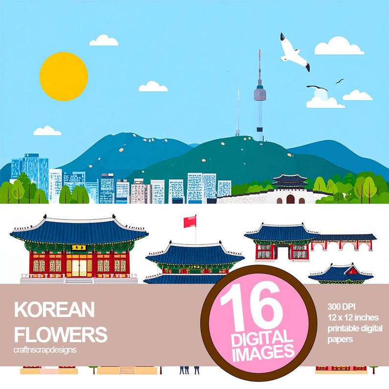 Korean Seoul Themed Digital Paper, Spring Theme, Korea, Scrapbook ...