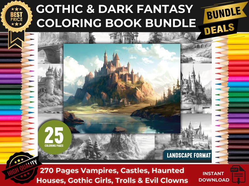 270 Pages Gothic & Dark Fantasy Coloring Book Bundle – Vampires,castles ...
