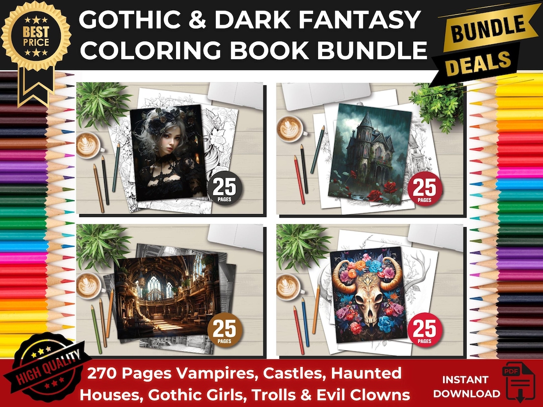 270 Pages Gothic & Dark Fantasy Coloring Book Bundle – Vampires,castles ...