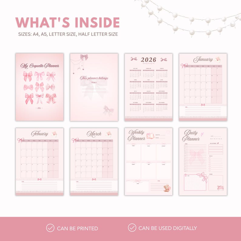 Pink Bow Coquette Planner 2026 | Digital & Printable Planner | Mood ...