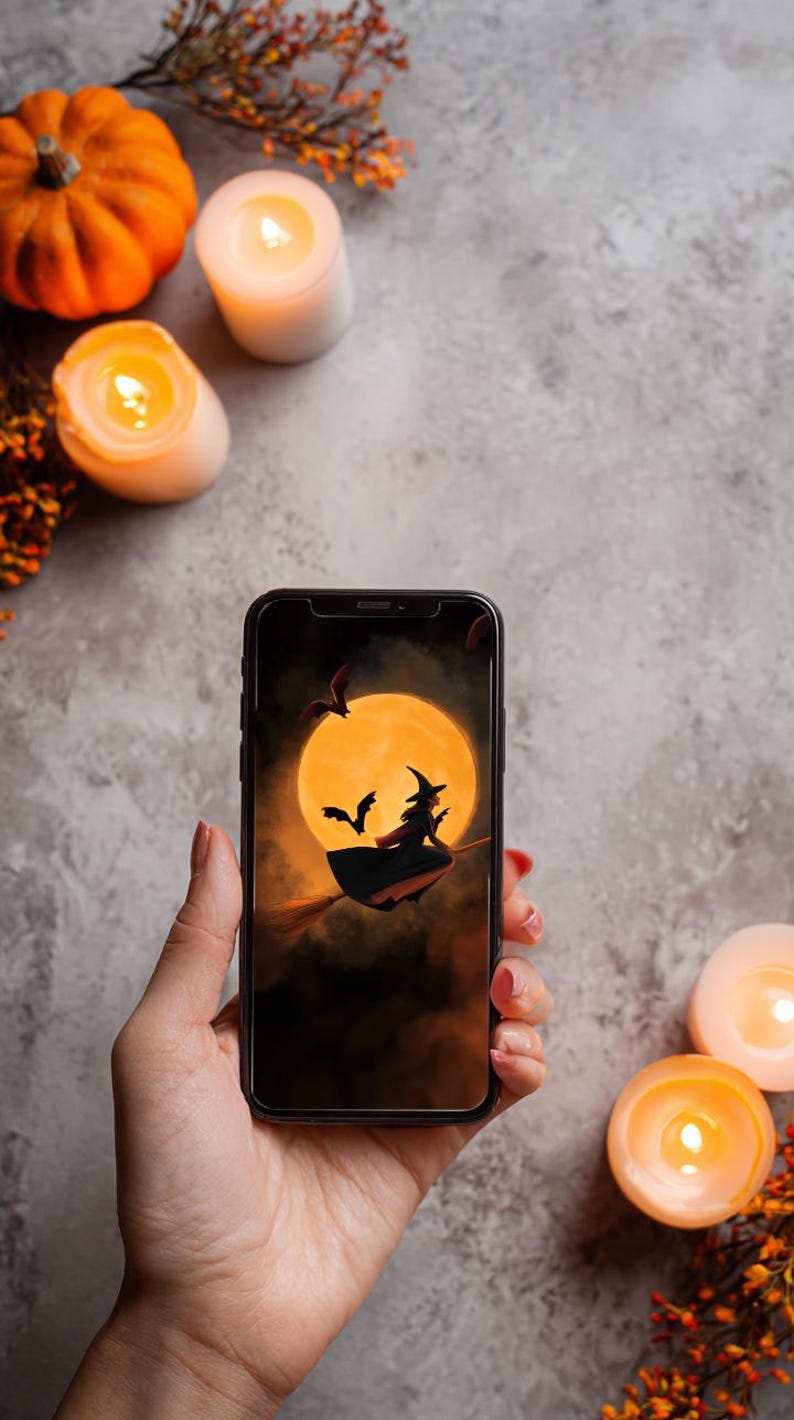 Animated Witch Flying on Broomstick With Full Moon Halloween Background ...