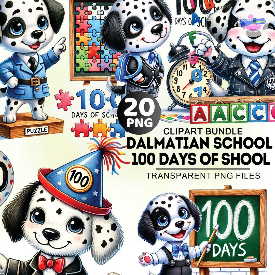 Watercolor Dalmatian School Clipart Bundle, 20 PNG Dalmatian Student ...