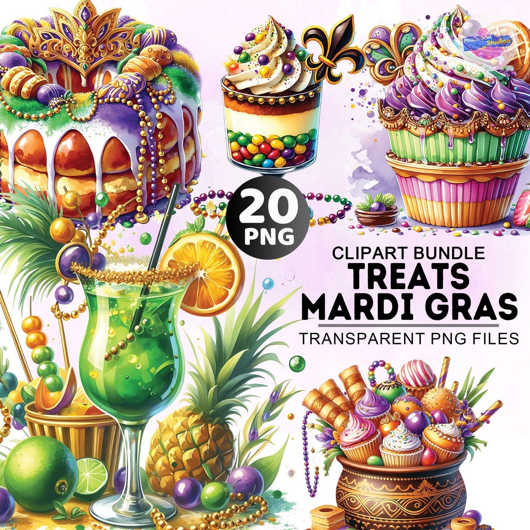 Mardi Gras Treat Clipart Bundle, 20 PNG Carnival Food, Masquerade Drink ...
