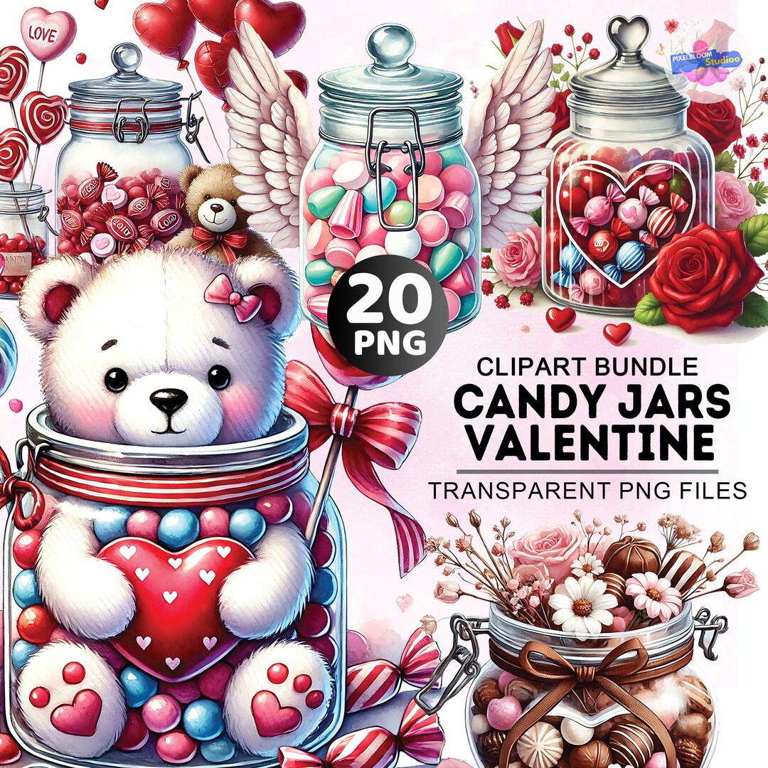 Candy Hearts Clipart Bundle, 20 PNG Romantic Jar, Watercolor Candy Jars ...