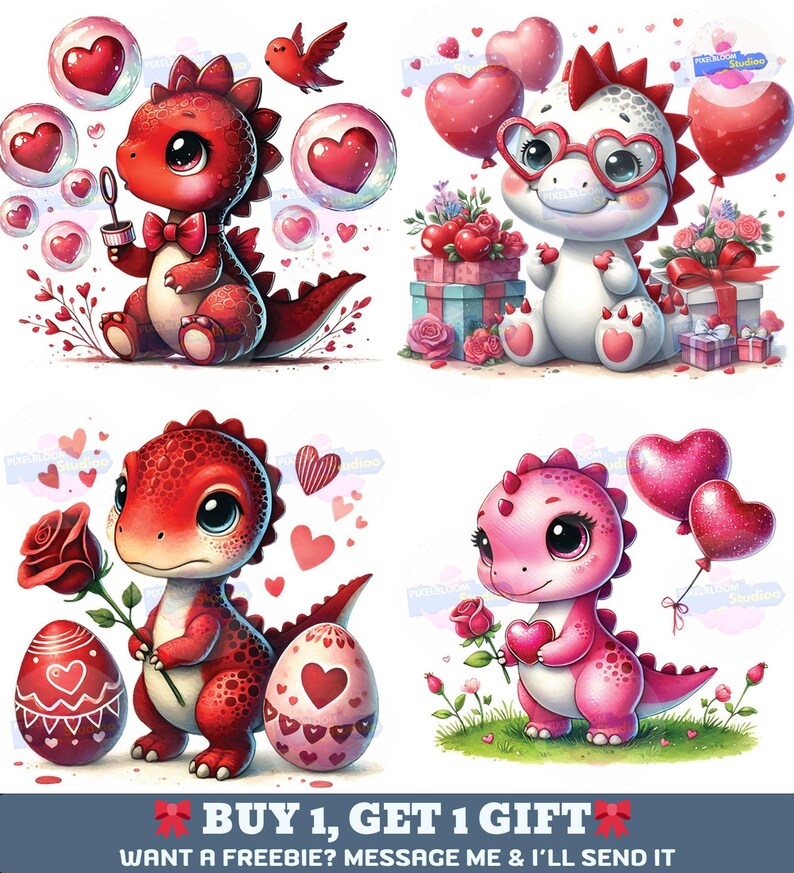 Valentine Dino Clipart Bundle, 20 PNG Cute Dinosaurs, Watercolor ...