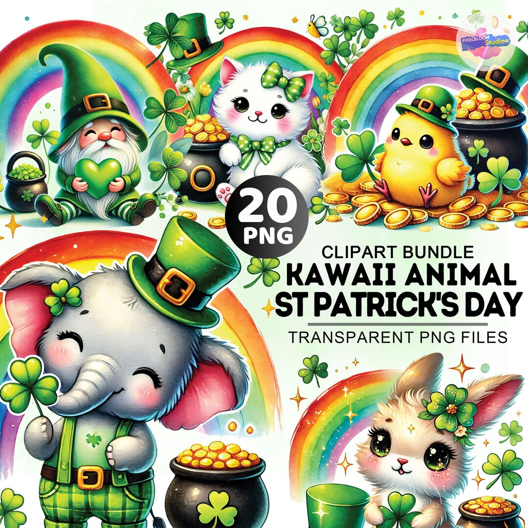 Patrick Kawaii Animal Clipart Bundle, 20 PNG Irish Animal, Patrick ...