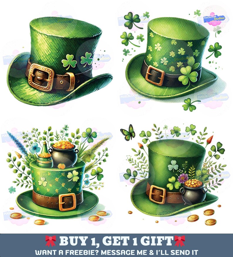 Watercolor Leprechaun Hat Clipart Bundle, 20 PNG Emerald Hat, Saint ...