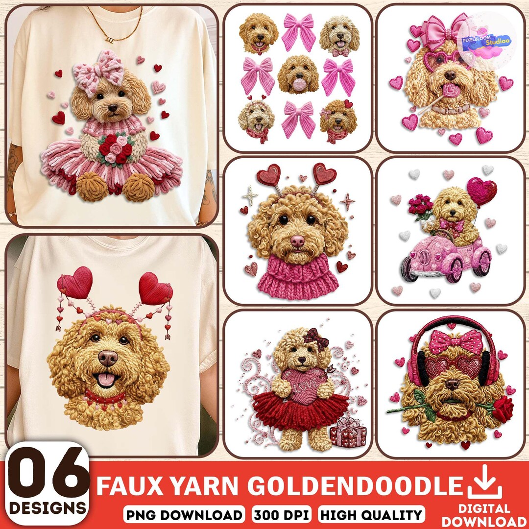 Goldendoodle Valentine Png Bundle, 6 PNG Dog Faux Yarn, Pink Dog Png ...