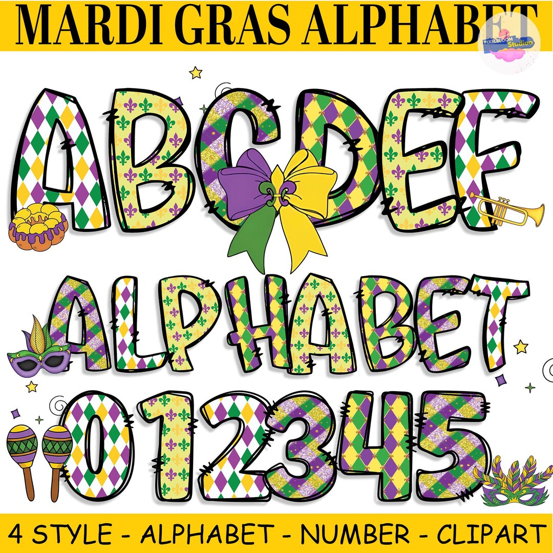 Mardi Gras Letters Png Bundle, 4 PNG Mardi Gras Alphabet, Fleur De Lis ...