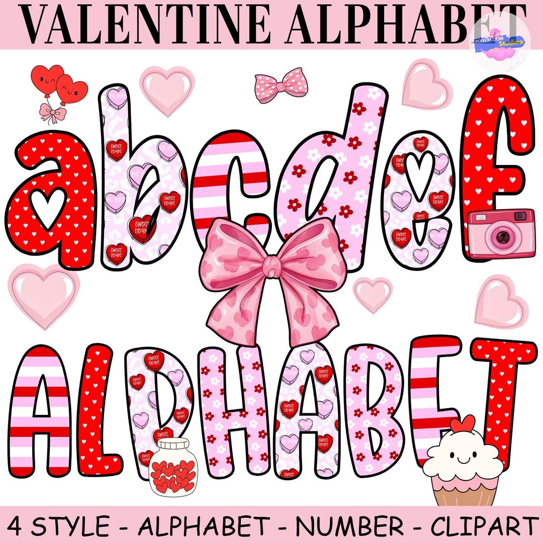 Valentine Alphabet Png Bundle, 4 PNG Valentines Fonts, Valentine ...