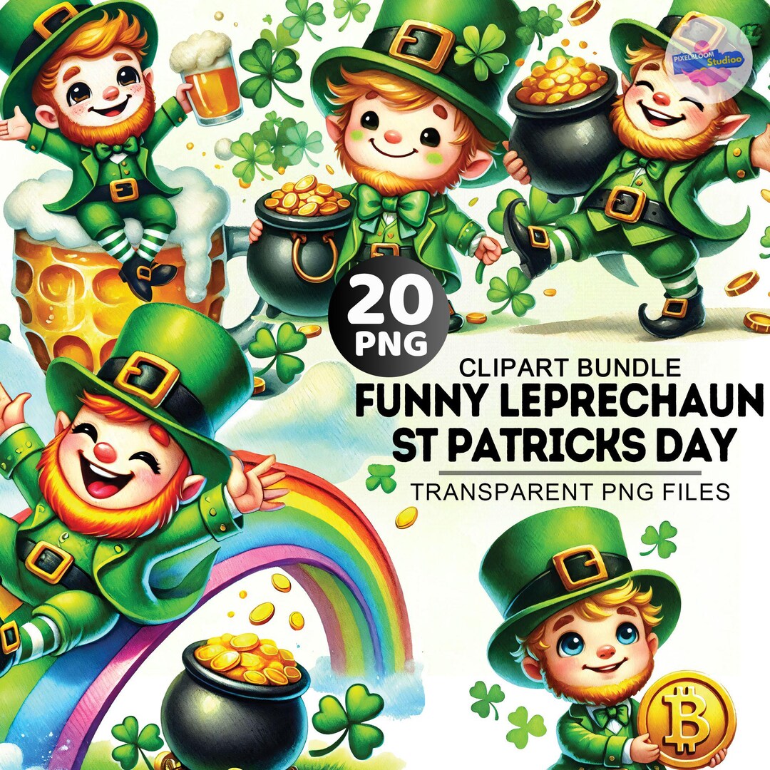 Watercolor Leprechaun Clipart Bundle, 20 PNG Humorous Irish, Patrick's ...
