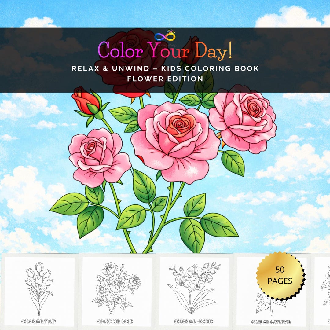 Flower Theme Kids Coloring Book | 50 Relaxing Pages (digital Download ...