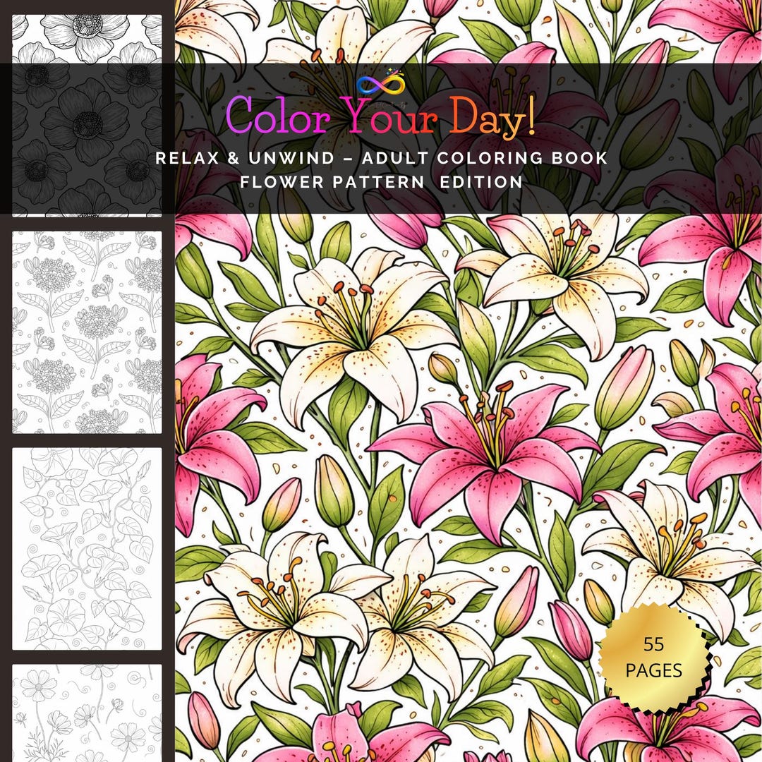 Flower Pattern Theme Coloring Book | 55 Relaxing Pages (digital ...
