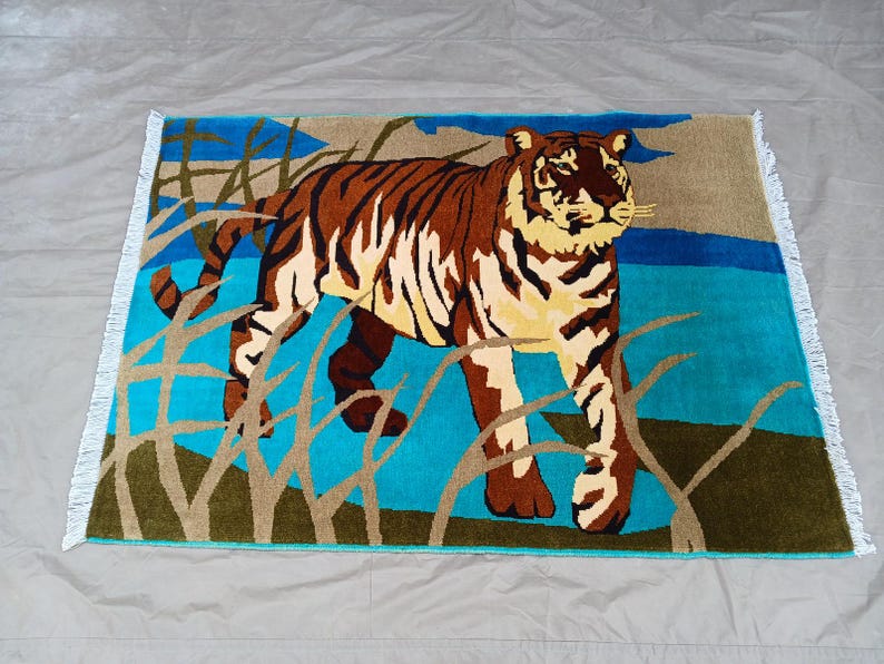Handwoven Wool Tiger Rug, Modern Oushak Design, Animal Art Decor ...