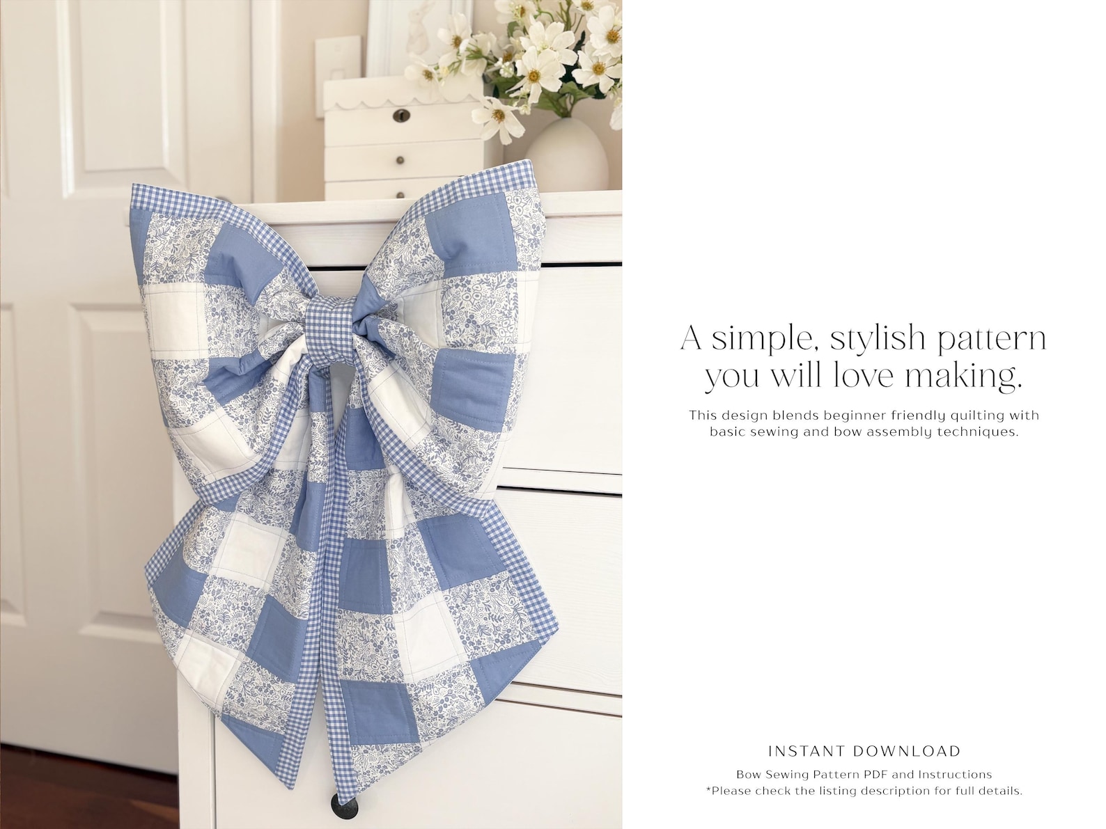 Large Patchwork Quilted Bow Sewing Pattern PDF – Beginner Friendly ...