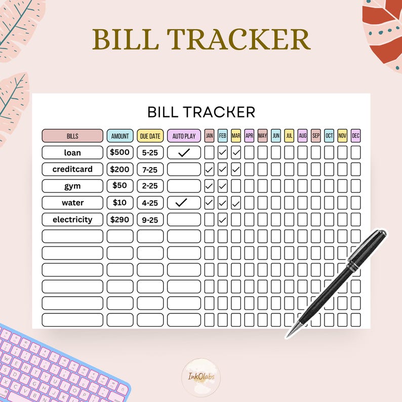 Editable Yearly Bill Tracker | Printable Bill Payment Planner | Expense ...