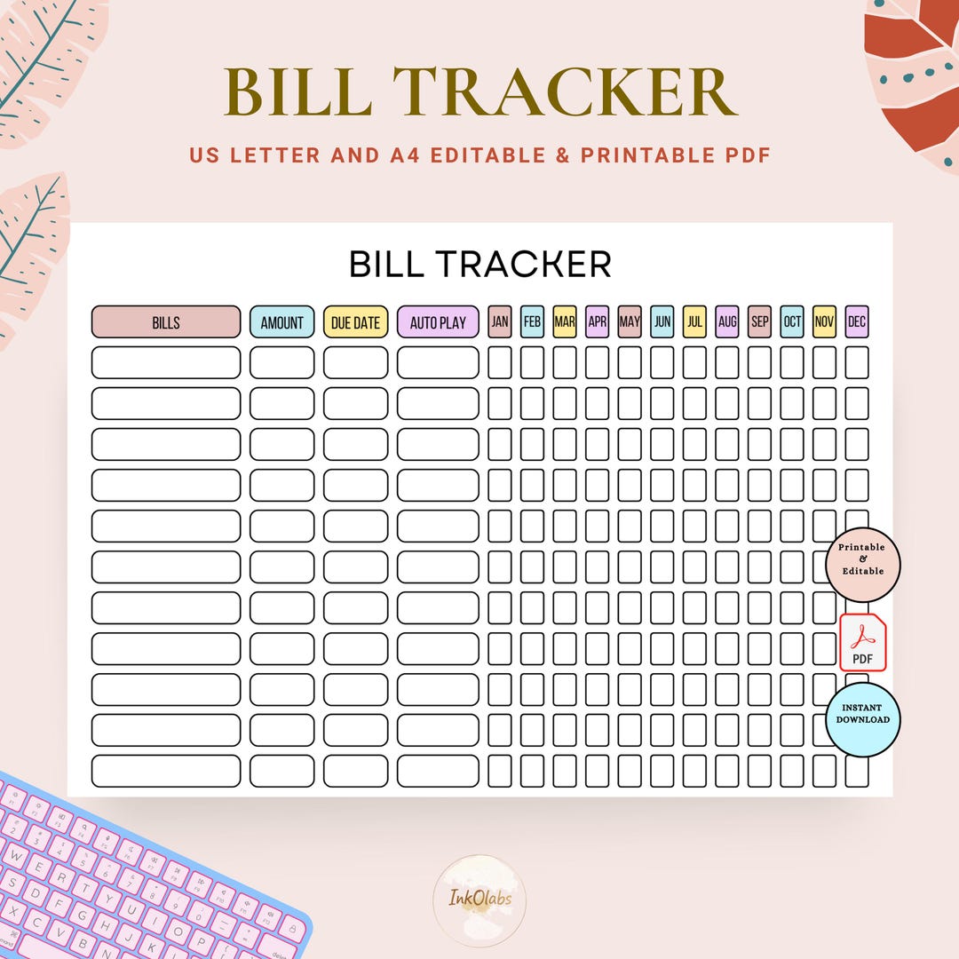 Editable Yearly Bill Tracker | Printable Bill Payment Planner | Expense ...