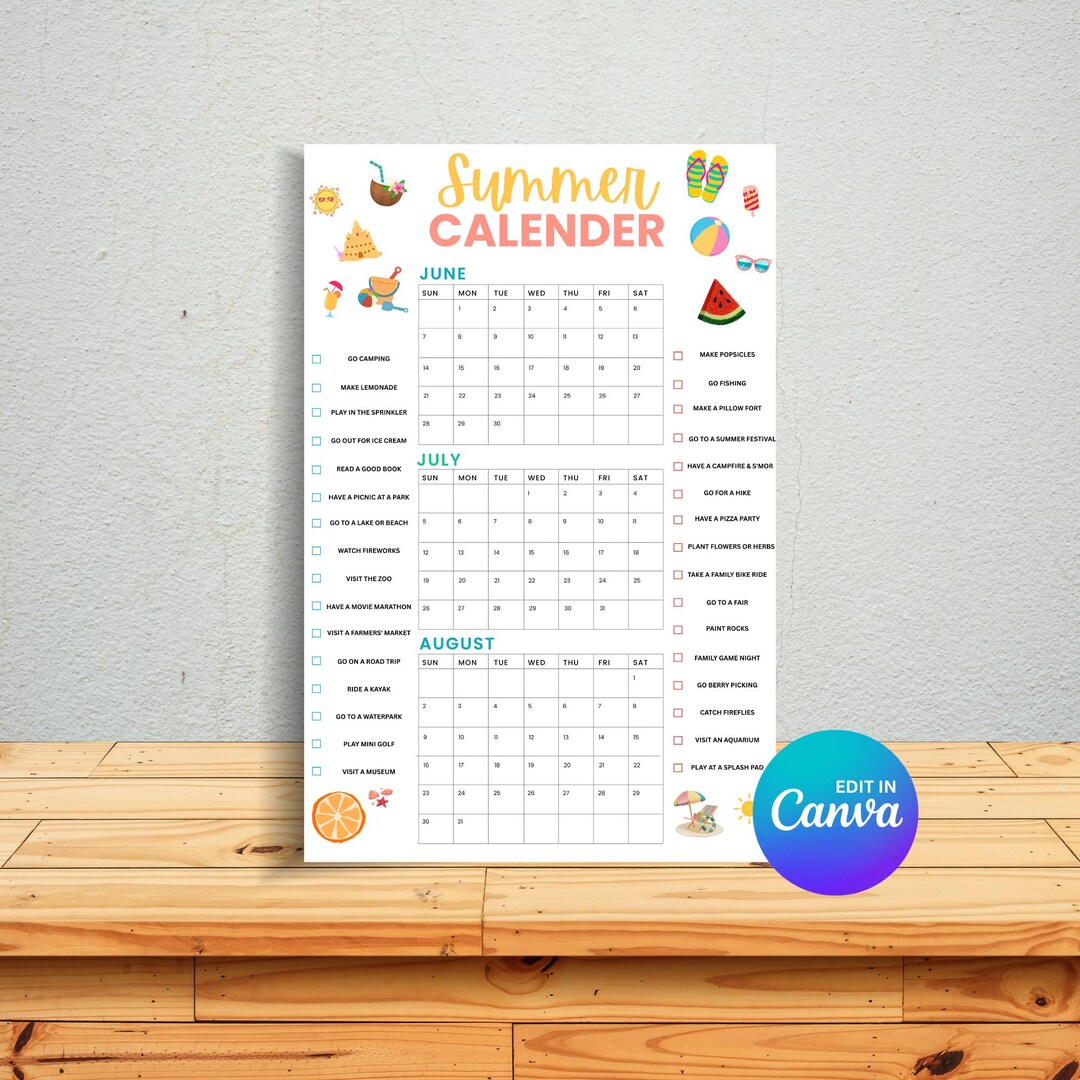 Summer Calendar Printable Poster, Editable Summer Planner Template ...