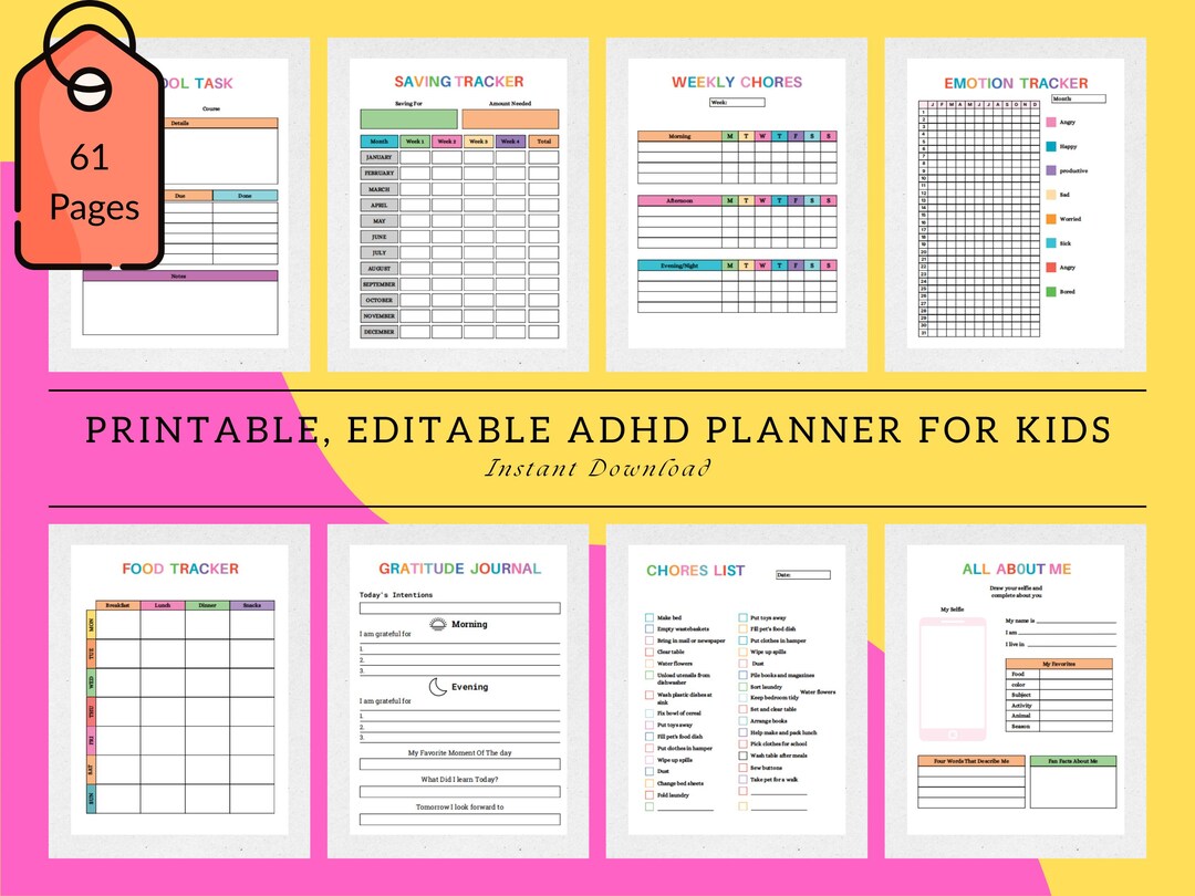 Editable Planner, ADHD Planner, Kids Planner, Colourful Planner, Bright ...