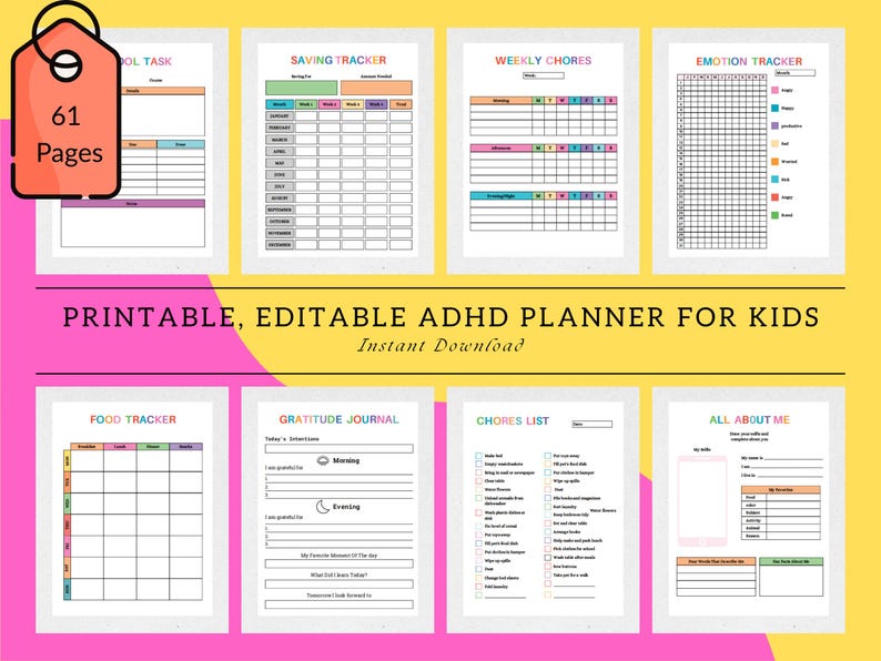 Editable Planner, ADHD Planner, Kids Planner, Colourful Planner, Bright ...