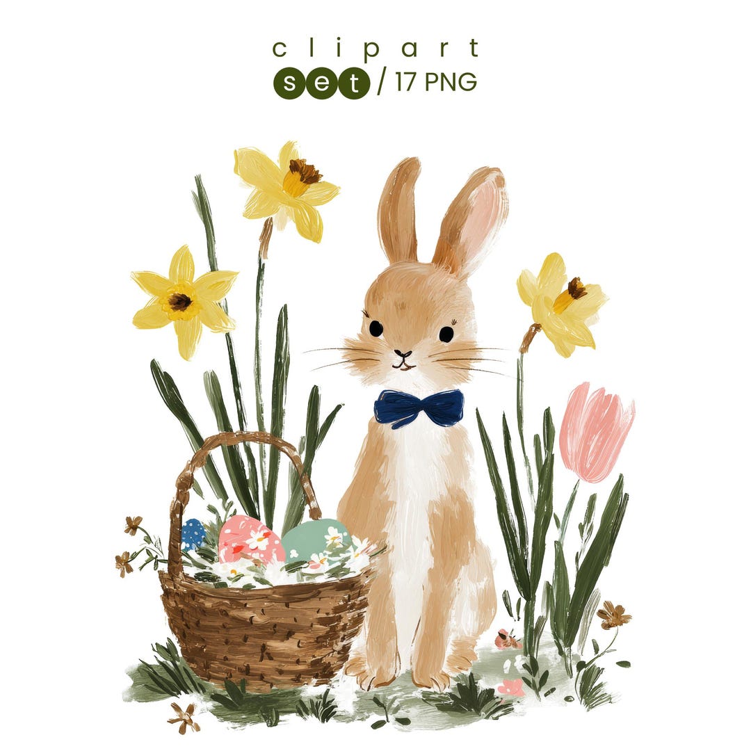 Easter Bunny Basket Clipart, Watercolor Spring Flowers, 17 Pngs ...
