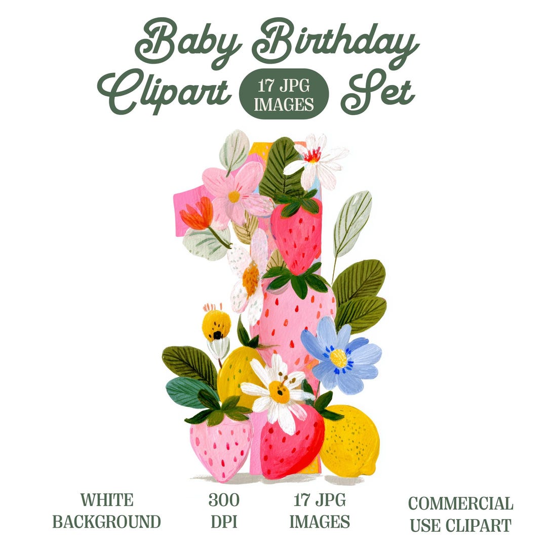 Baby Birthday Clipart: Watercolor Floral & Berry Number 1, Printable ...